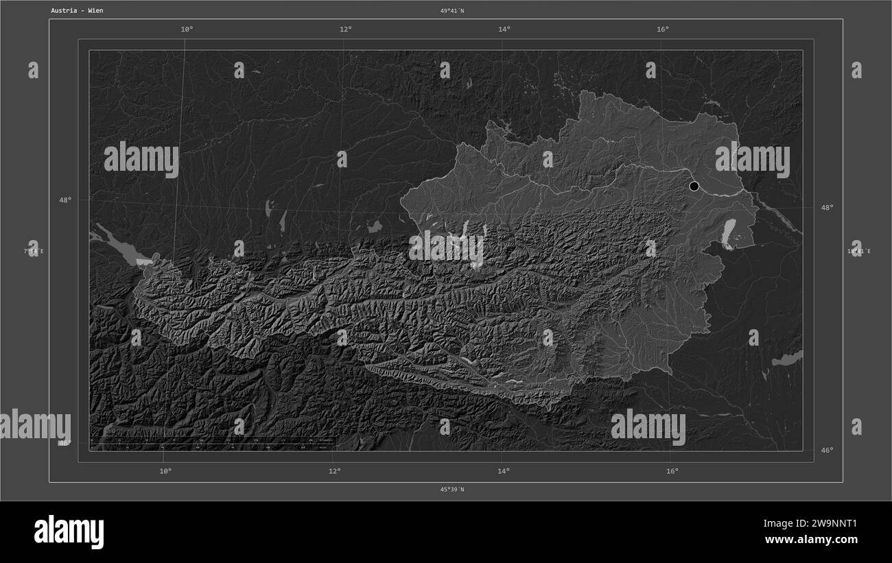 Austria highlighted on a Bilevel elevation map with lakes and rivers map with the country's ...