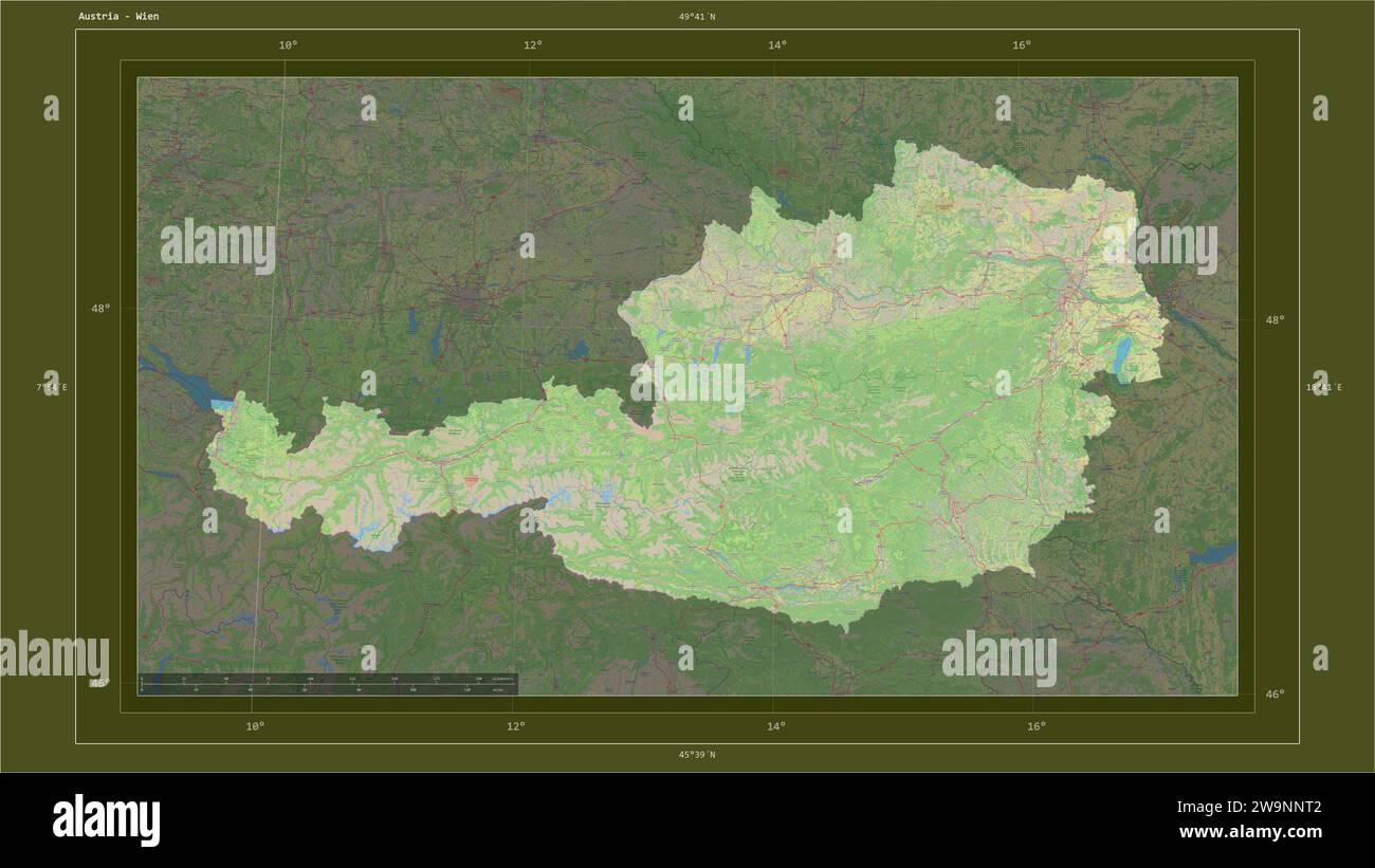 Austria highlighted on a topographic, OSM standard style map map with ...