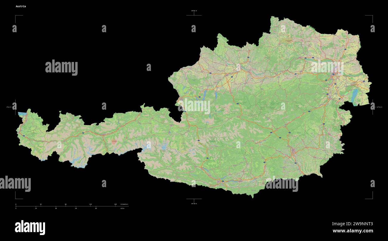 Shape of a topographic, OSM Germany style map of the Austria, with ...