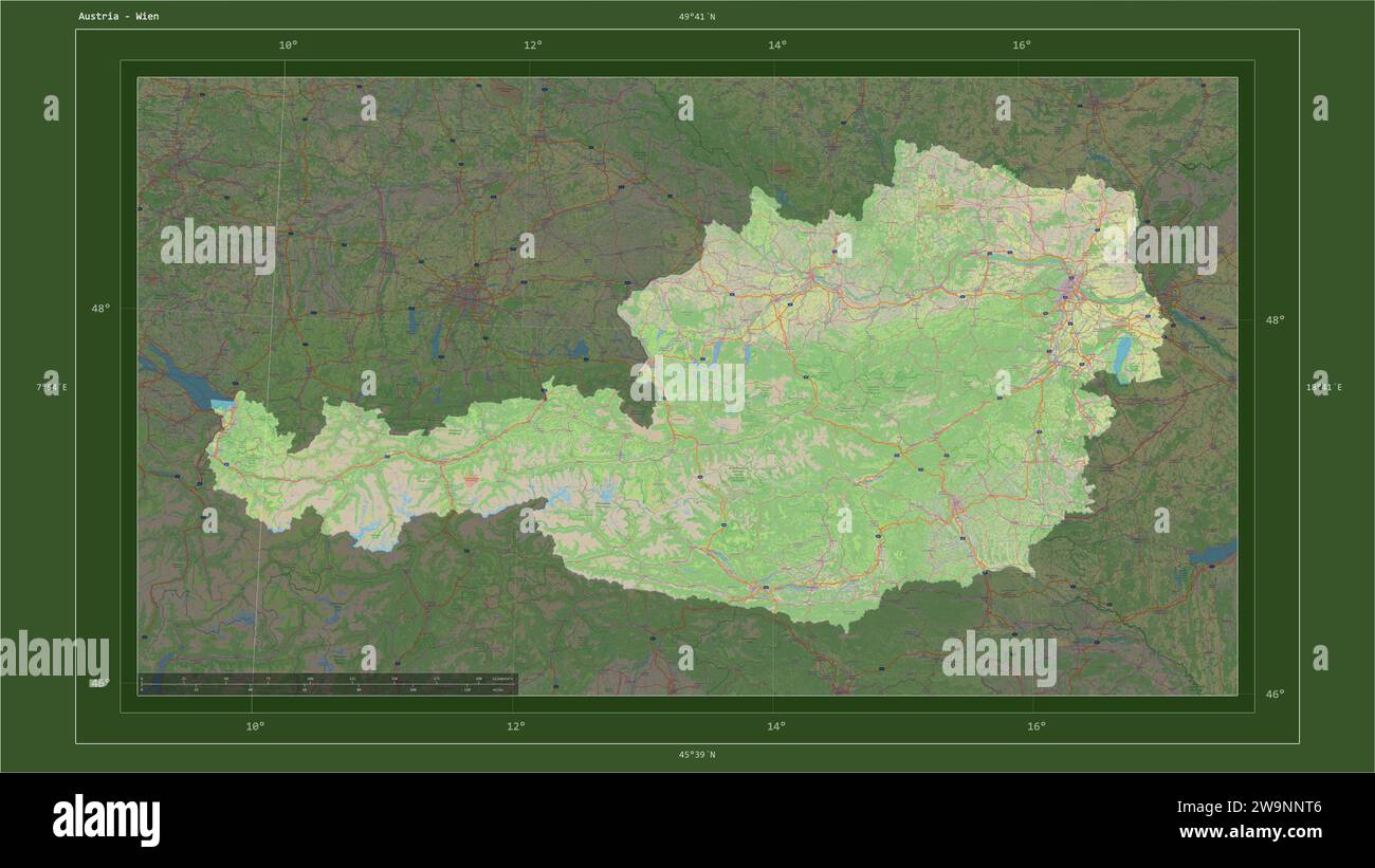 Austria highlighted on a topographic, OSM Germany style map map with the country's capital point ...