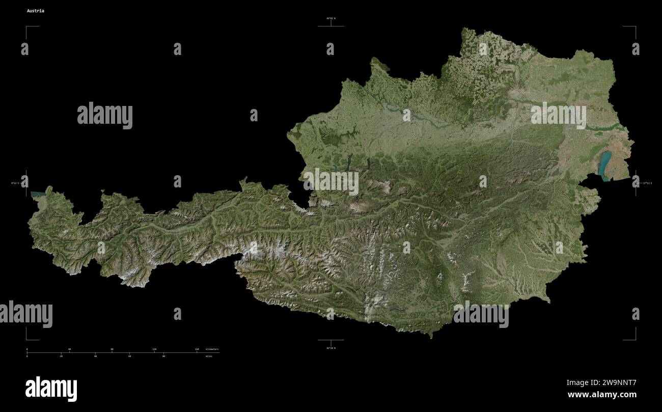 Shape of a high resolution satellite map of the Austria, with distance scale and map border ...