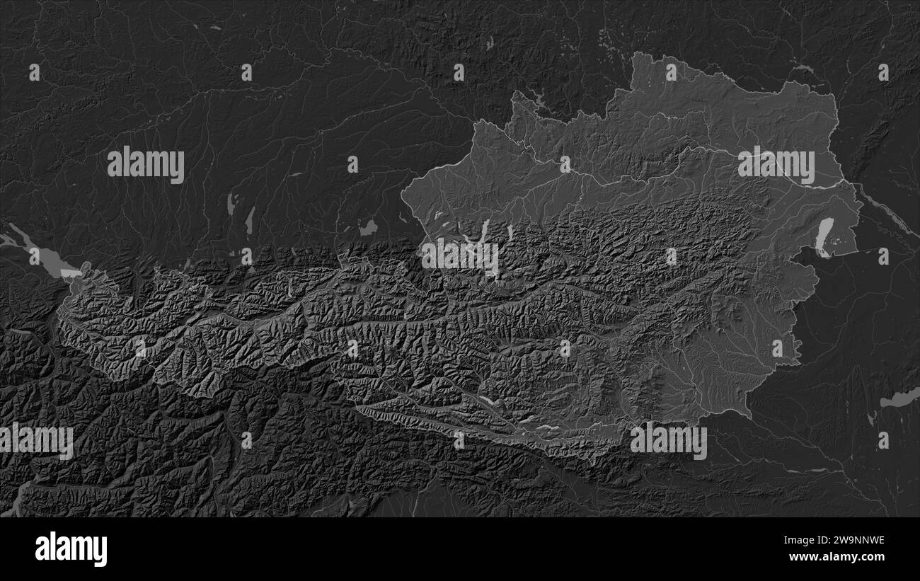 Austria highlighted on a Bilevel elevation map with lakes and rivers ...