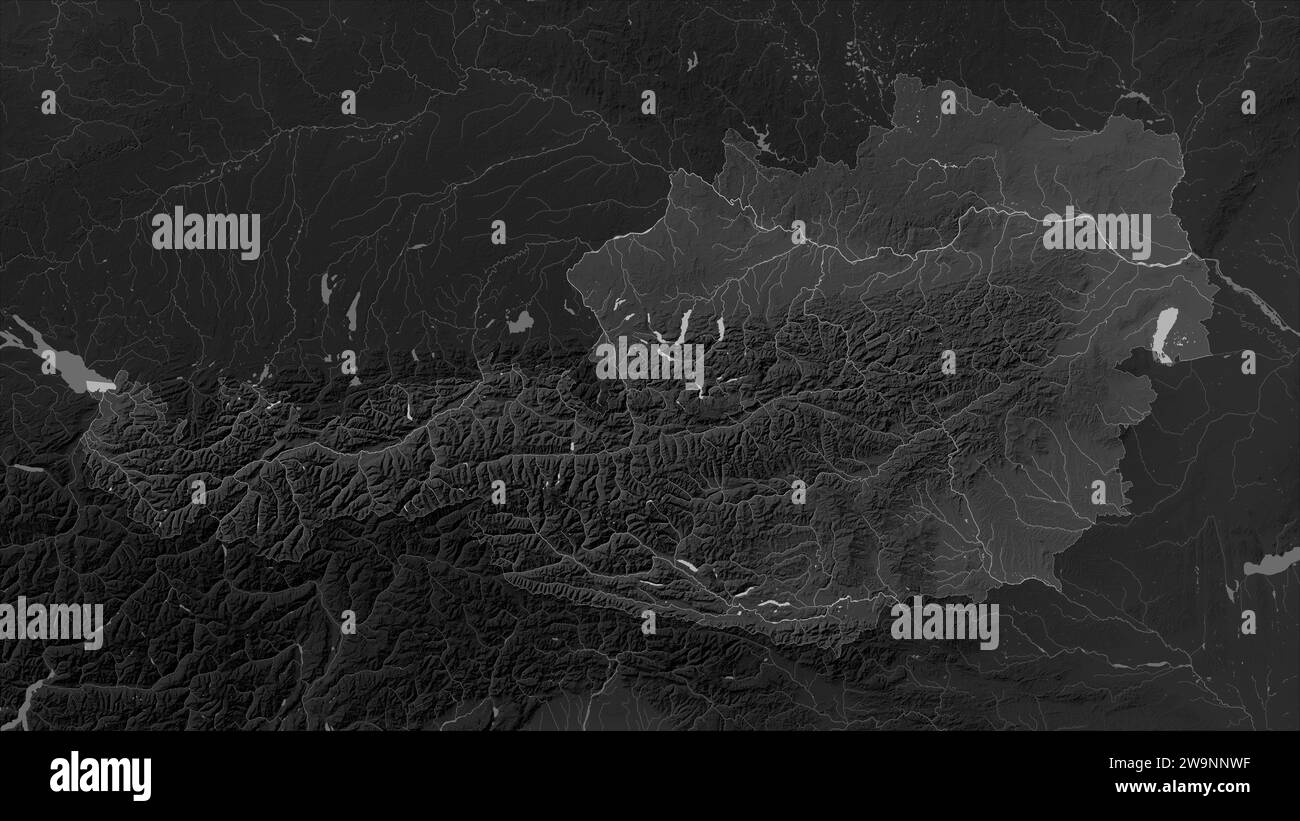 Austria highlighted on a Grayscale elevation map with lakes and rivers Stock Photo - Alamy