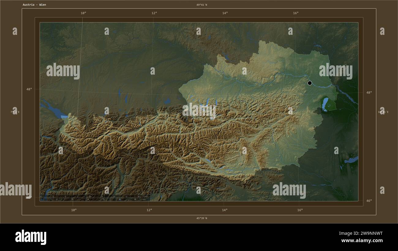 Austria highlighted on a Colored elevation map with lakes and rivers ...