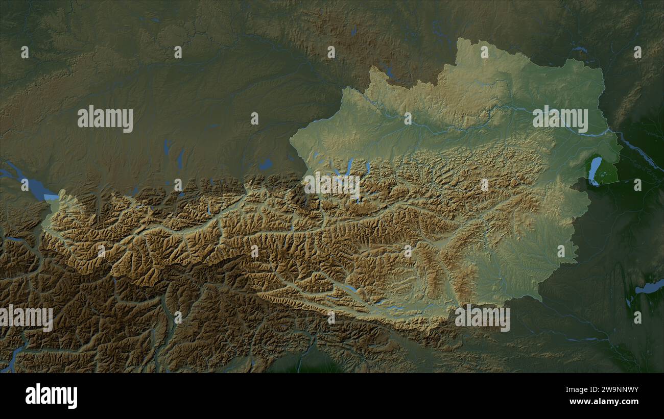 Austria highlighted on a Colored elevation map with lakes and rivers ...
