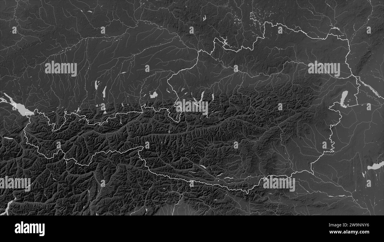 Austria outlined on a Grayscale elevation map with lakes and rivers Stock Photo - Alamy