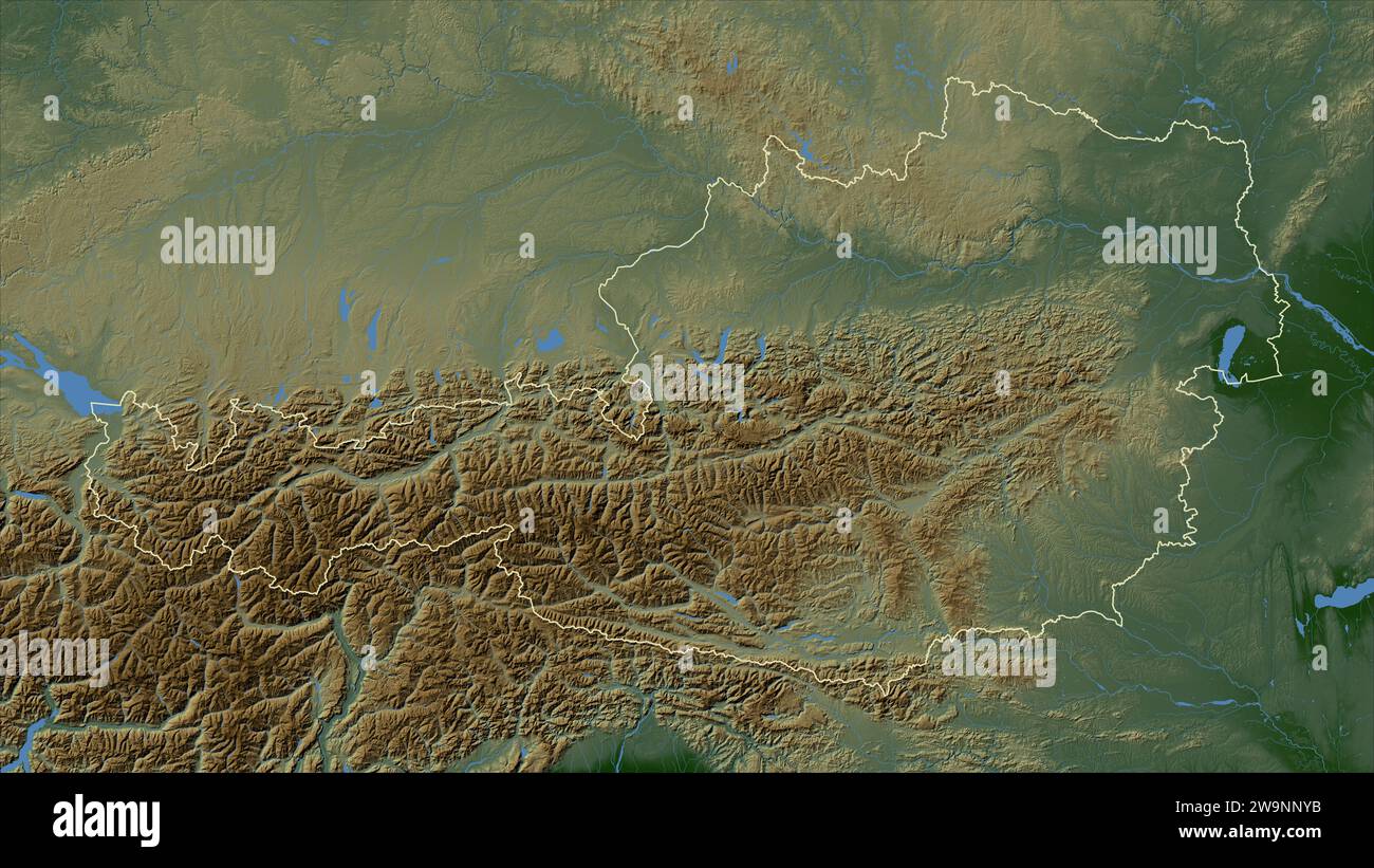 Austria outlined on a Colored elevation map with lakes and rivers Stock Photo - Alamy