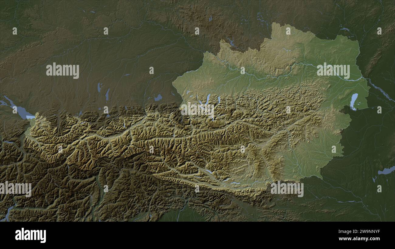 Austria highlighted on a Pale colored elevation map with lakes and ...