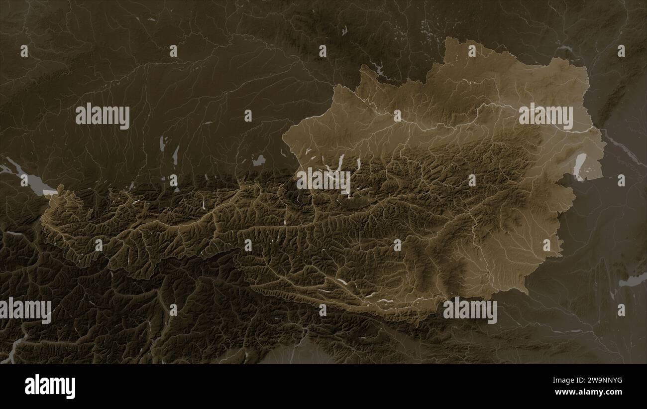 Austria highlighted on a elevation map colored in sepia tones with ...