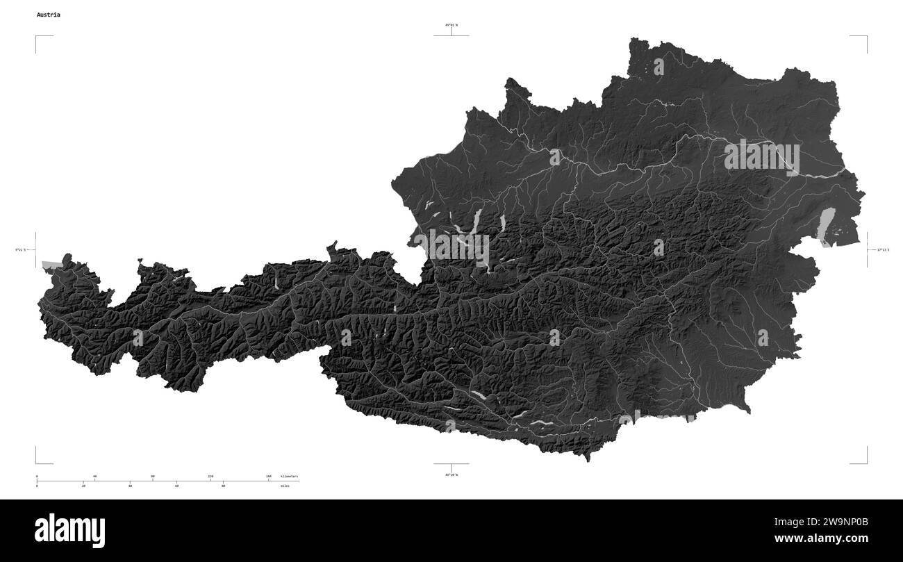 Shape of a Grayscale elevation map with lakes and rivers of the Austria, with distance scale and ...