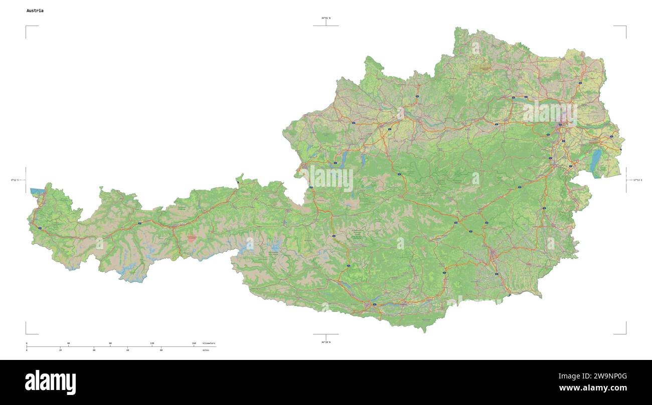 Shape of a topographic, OSM Germany style map of the Austria, with distance scale and map border ...