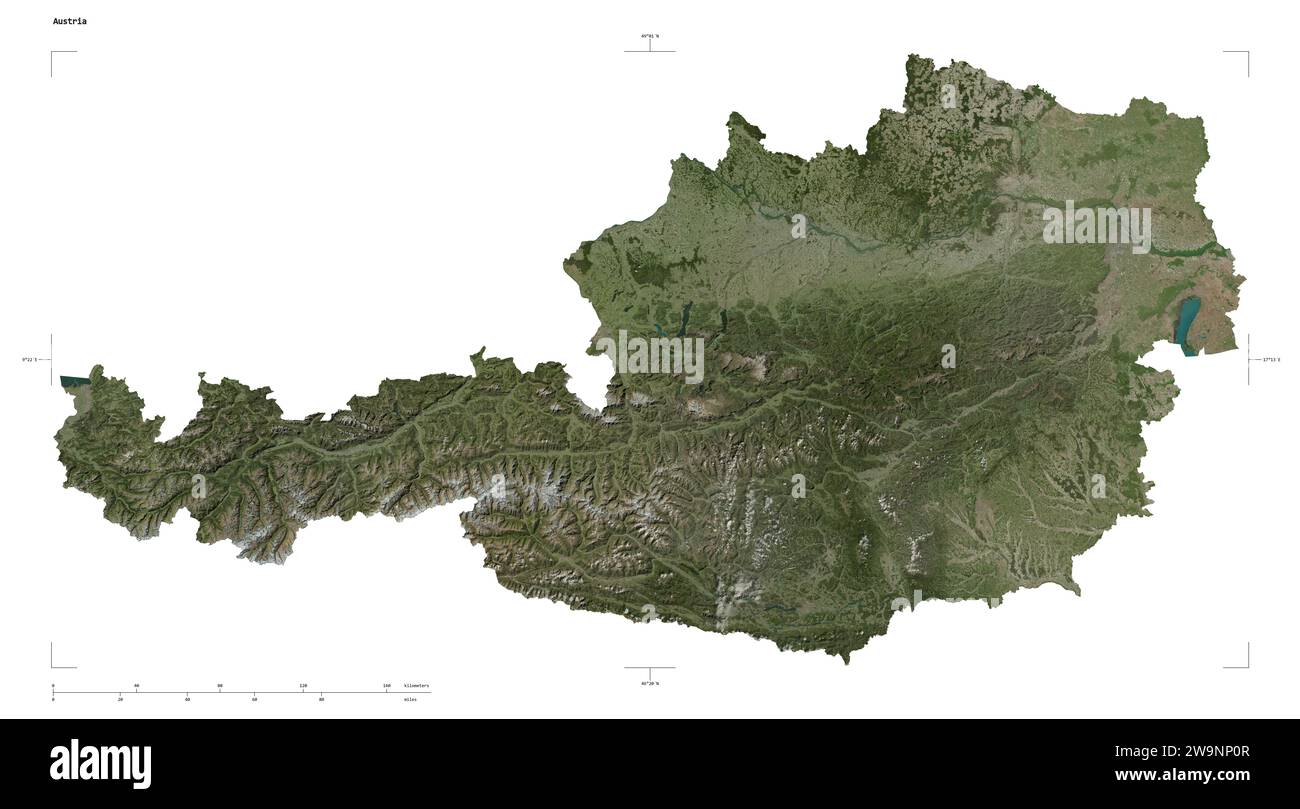 Shape of a high resolution satellite map of the Austria, with distance ...