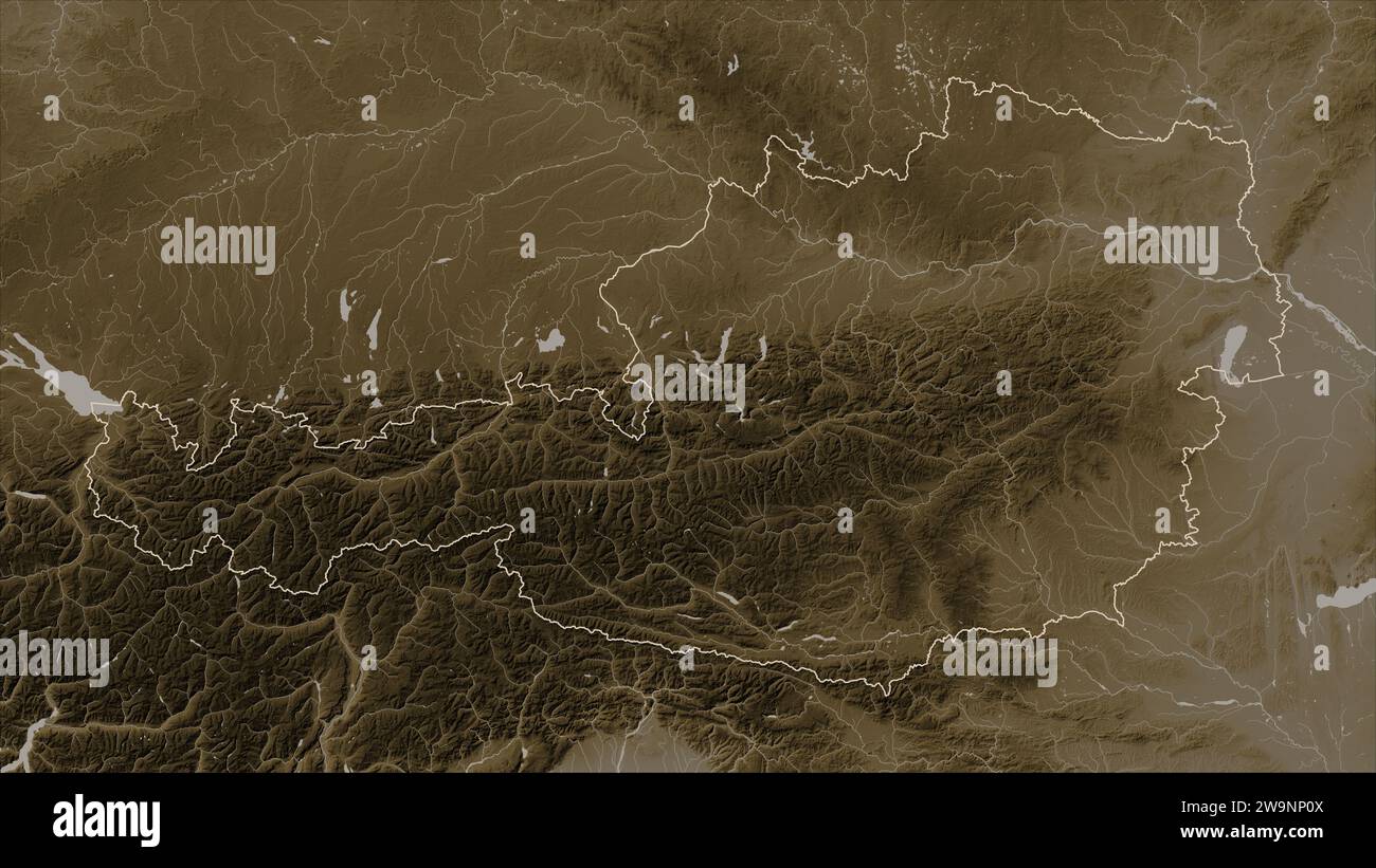 Austria outlined on a elevation map colored in sepia tones with lakes and rivers Stock Photo - Alamy