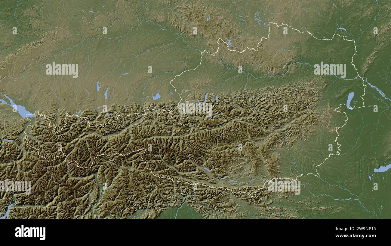 Austria outlined on a Pale colored elevation map with lakes and rivers ...