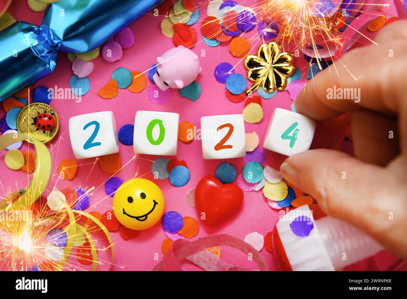 Dice Letters Shape The Number 2024 Surrounded By Confetti And Good Luck ...