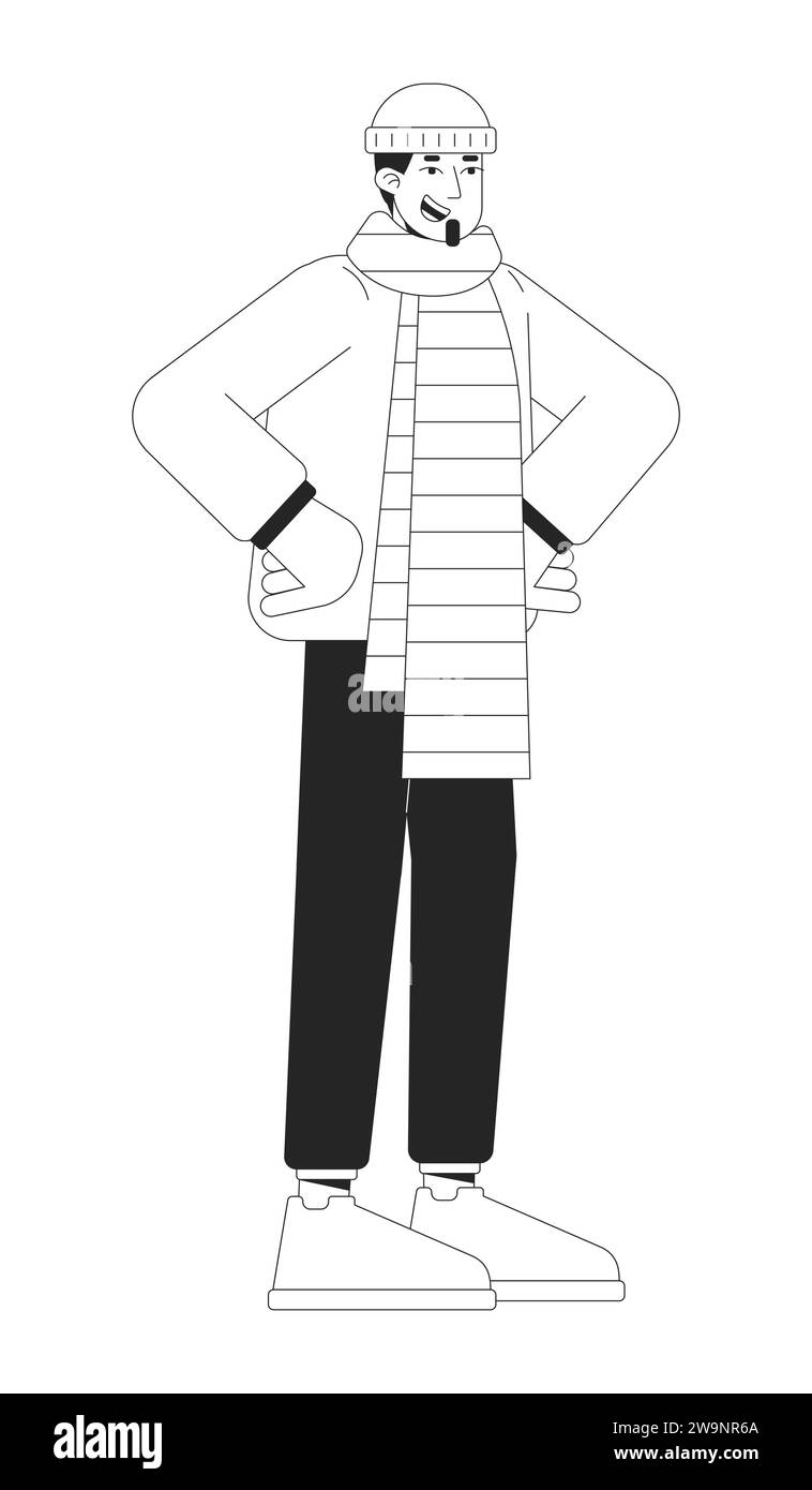 Winter outerwear caucasian man happy black and white 2D line cartoon character Stock Vector ...