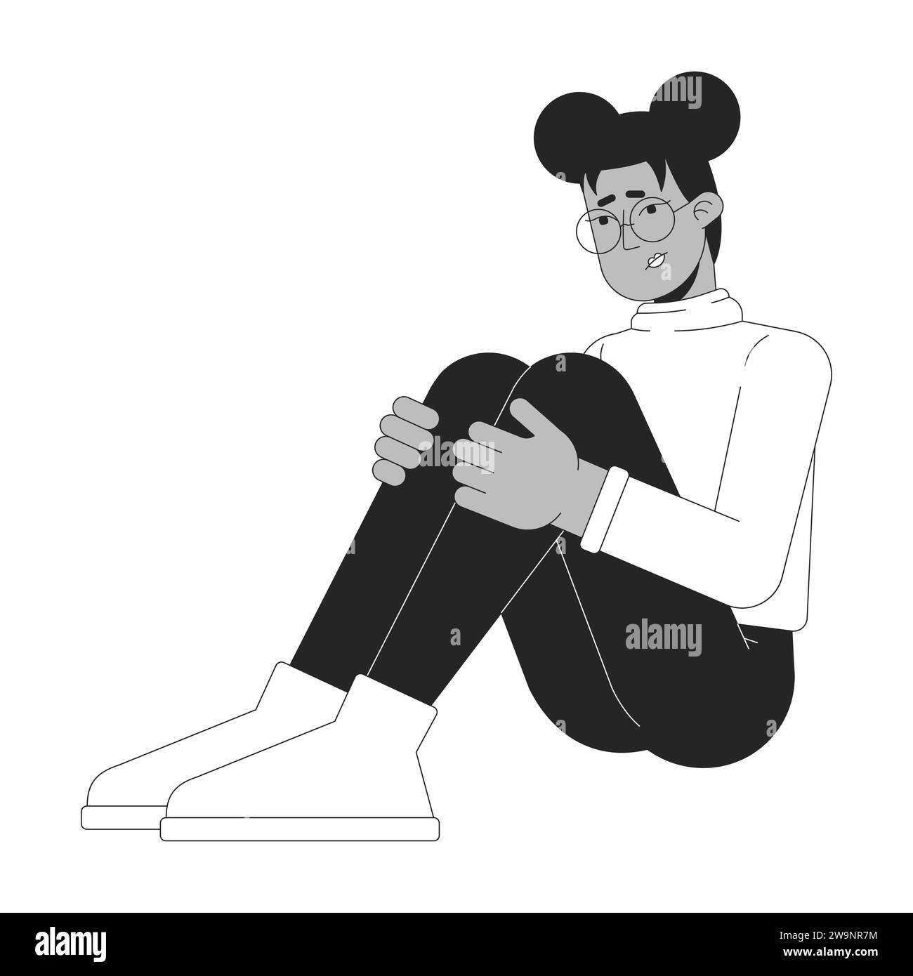 Tired African American Woman Hugging Knees Black And White 2d Line