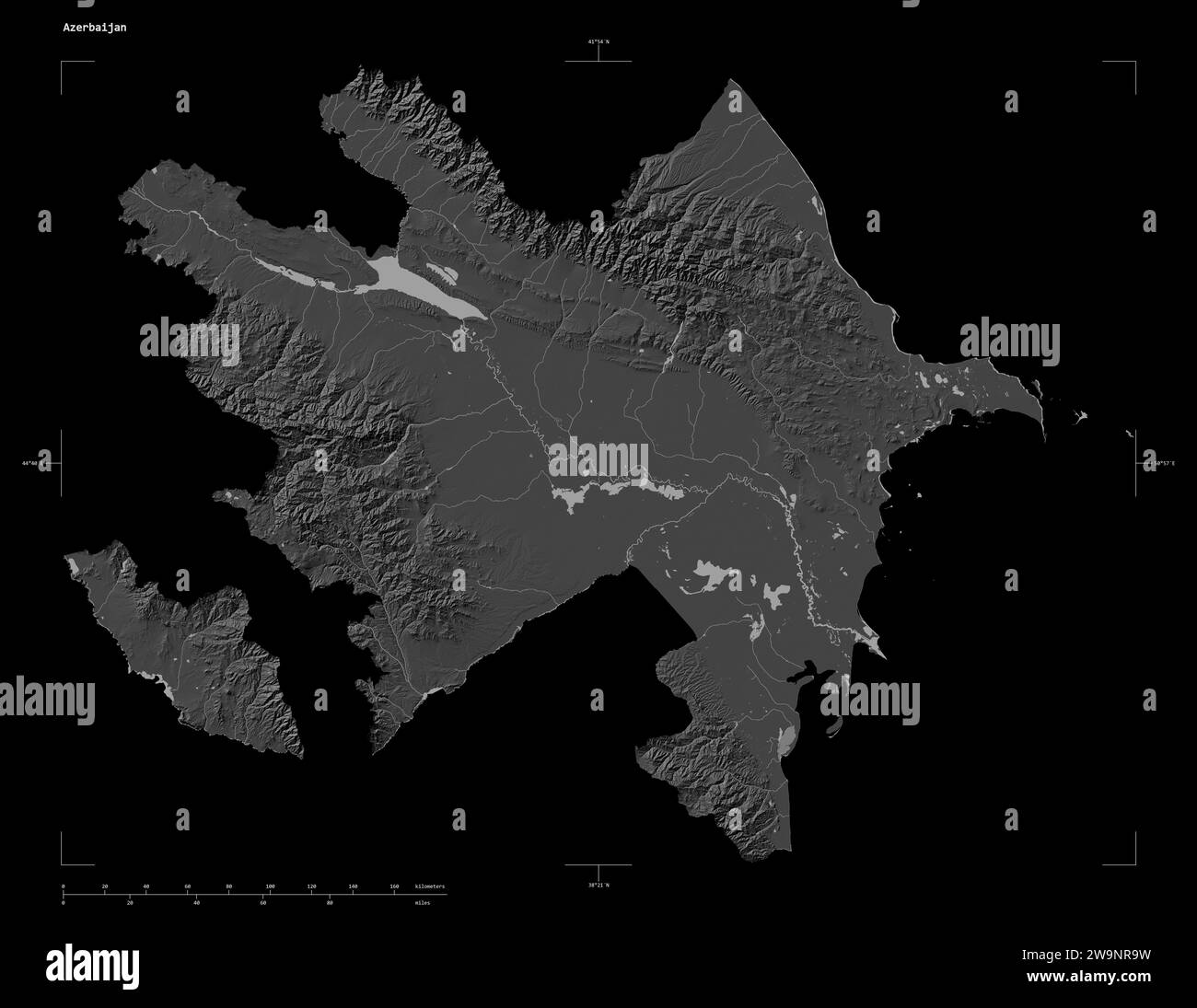 Shape of a Bilevel elevation map with lakes and rivers of the Azerbaijan, with distance scale ...