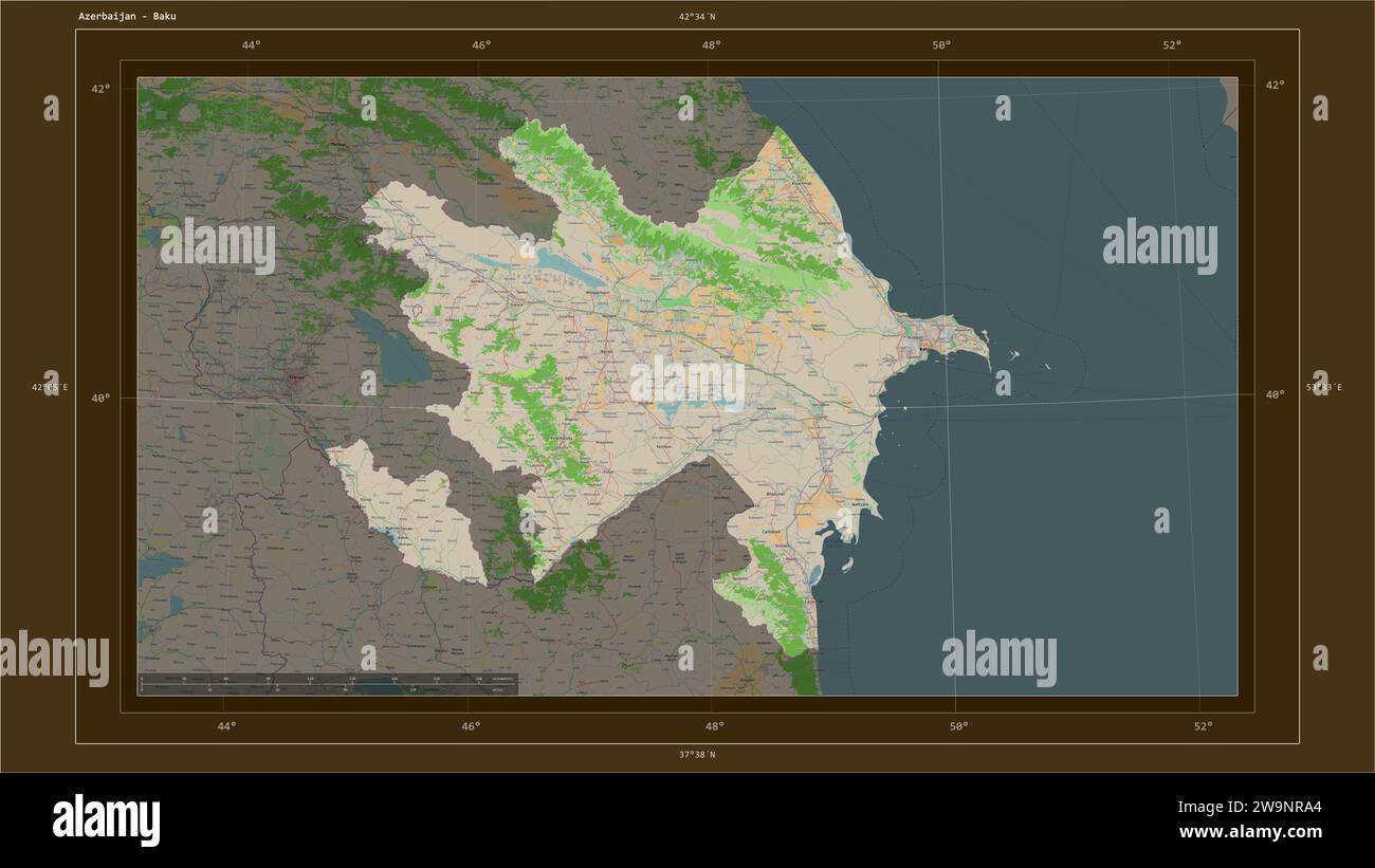 Azerbaijan highlighted on a topographic, OSM France style map map with the country's capital ...