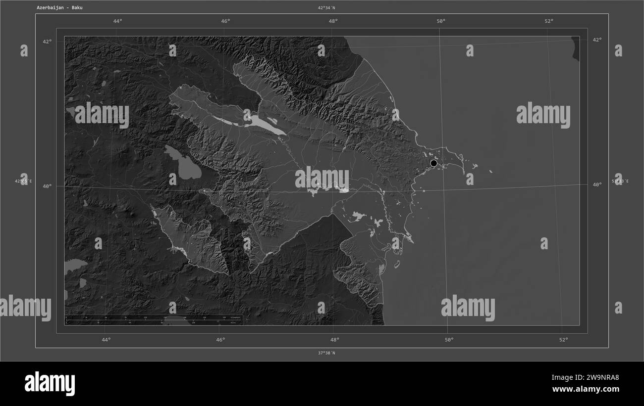 Azerbaijan highlighted on a Bilevel elevation map with lakes and rivers ...