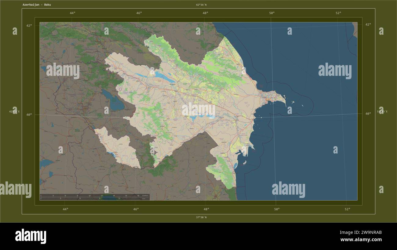 Azerbaijan highlighted on a topographic, OSM standard style map map with the country's capital ...