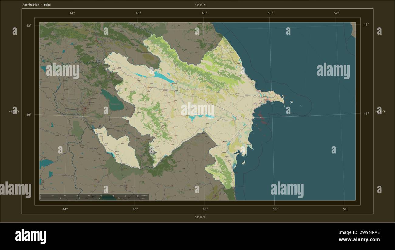 Azerbaijan highlighted on a topographic, OSM Humanitarian style map map ...