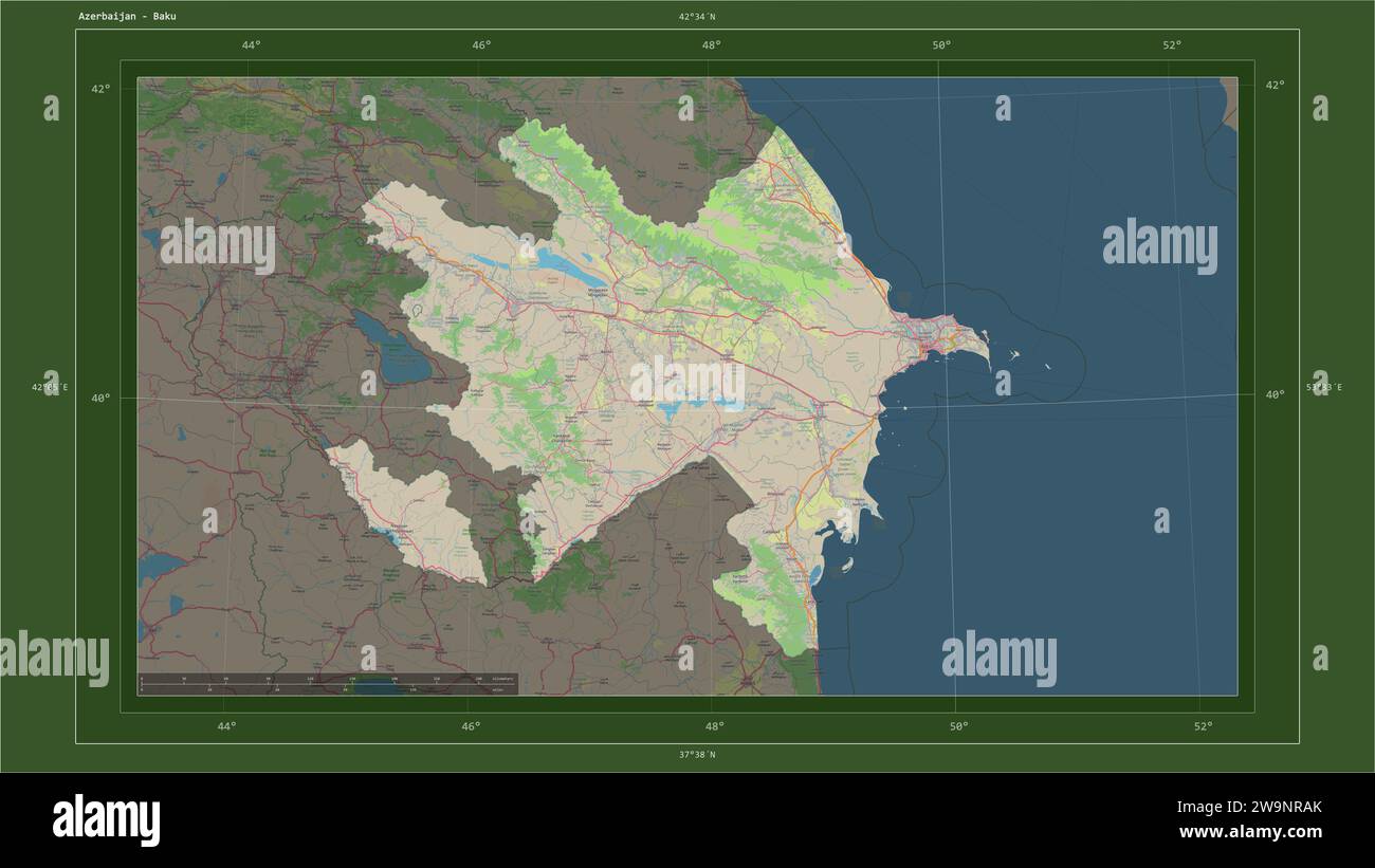 Azerbaijan highlighted on a topographic, OSM Germany style map map with the country's capital ...
