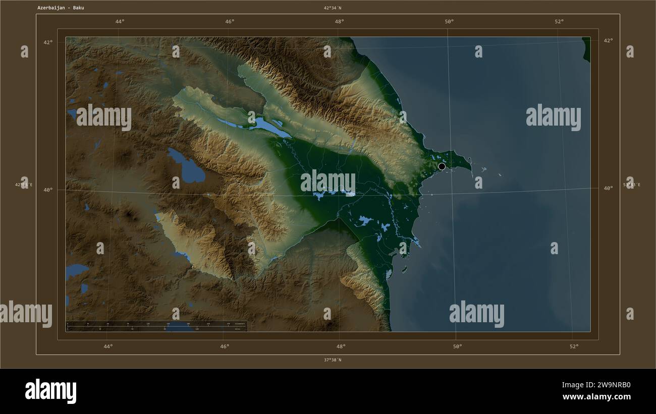 Azerbaijan highlighted on a Colored elevation map with lakes and rivers ...