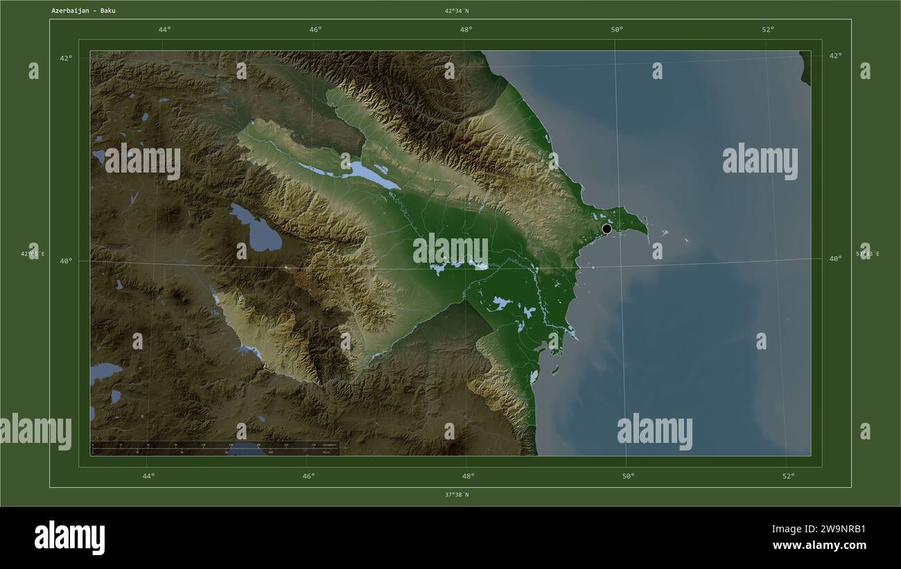 Azerbaijan highlighted on a Pale colored elevation map with lakes and ...
