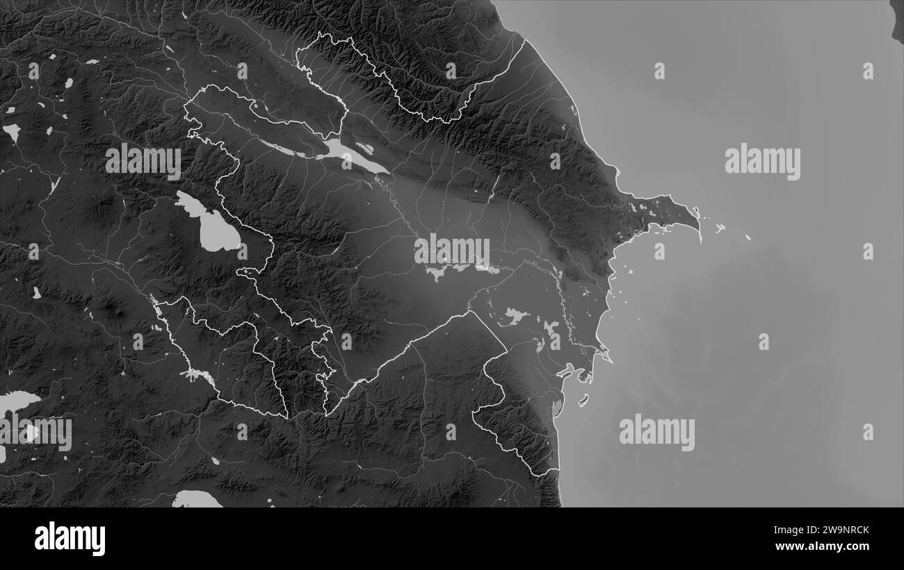 Azerbaijan outlined on a Grayscale elevation map with lakes and rivers ...