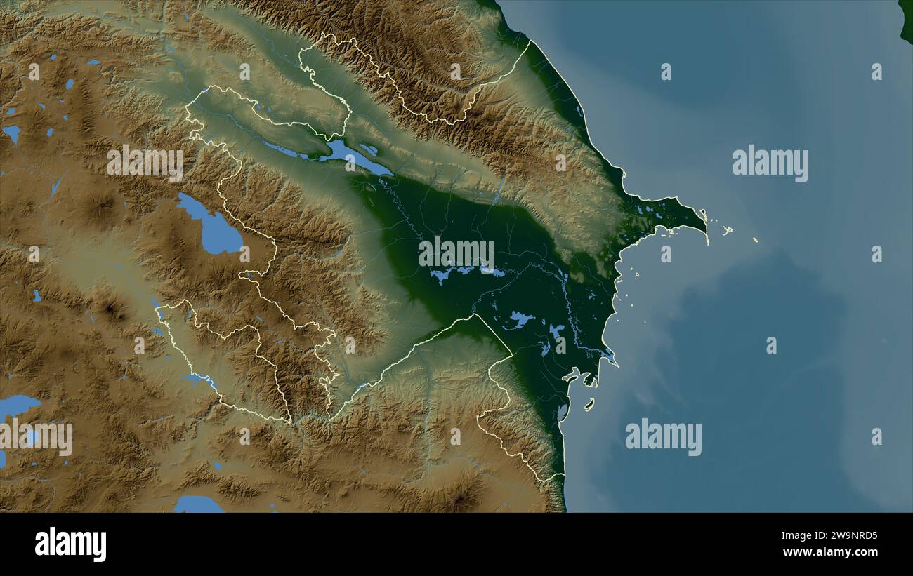 Azerbaijan outlined on a Colored elevation map with lakes and rivers ...