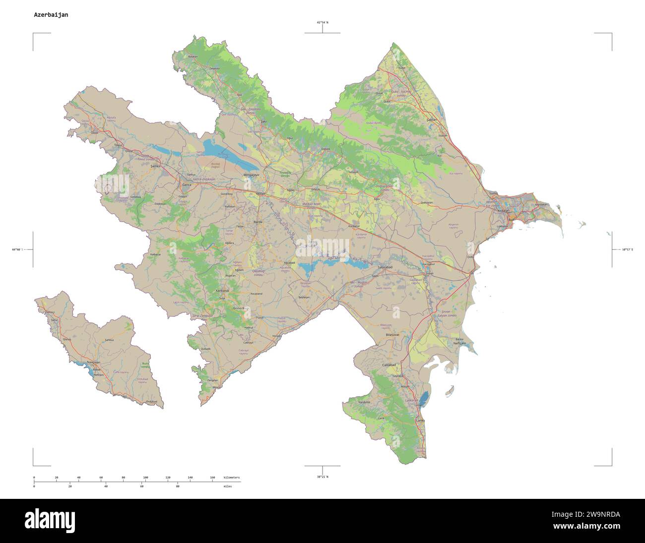 Shape of a topographic, OSM standard style map of the Azerbaijan, with distance scale and map ...