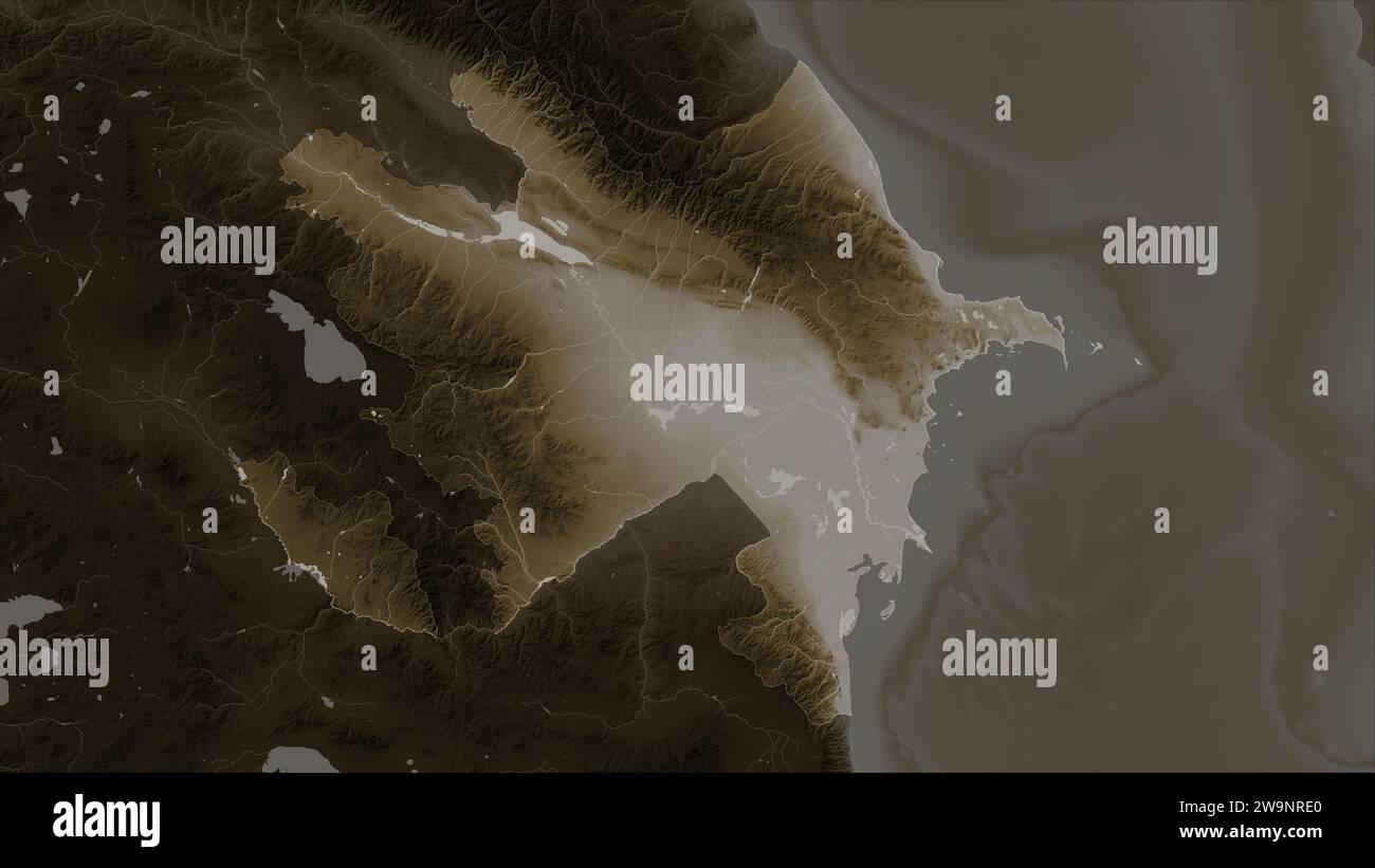 Azerbaijan highlighted on a elevation map colored in sepia tones with lakes and rivers Stock ...