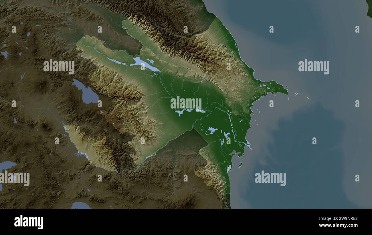 Azerbaijan highlighted on a Pale colored elevation map with lakes and ...