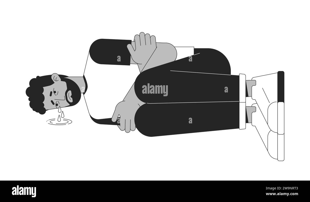 Emotional breakdown man lying curled up black and white 2D line cartoon character Stock Vector ...
