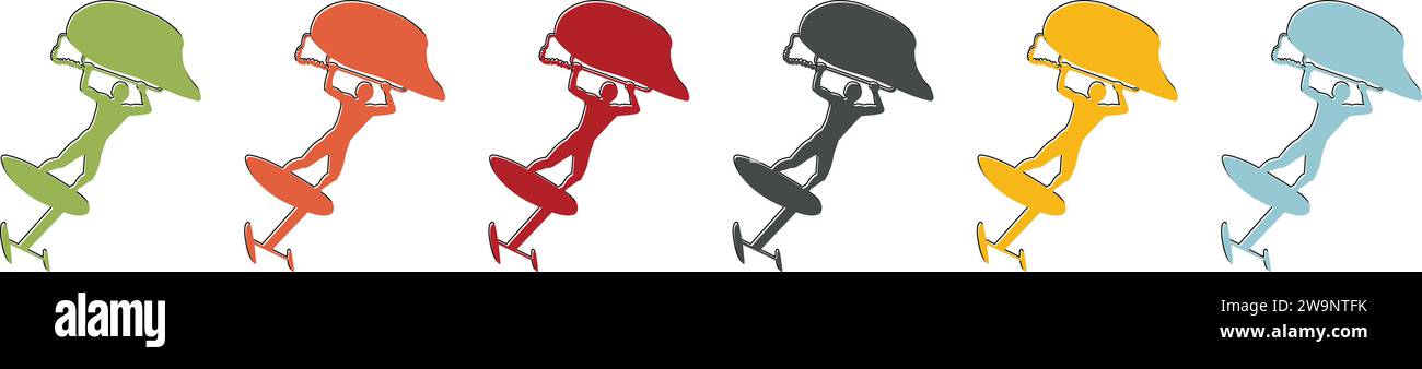 Colourful icons of a man jumping over the waves in a wingfoil Stock ...