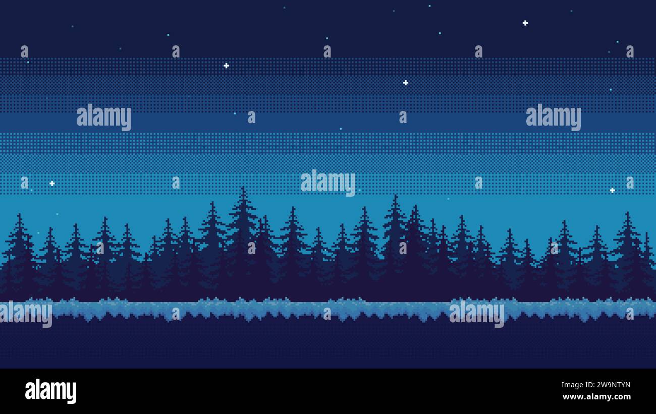 Pixel art forest at night background. Seamless landscape for game or ...