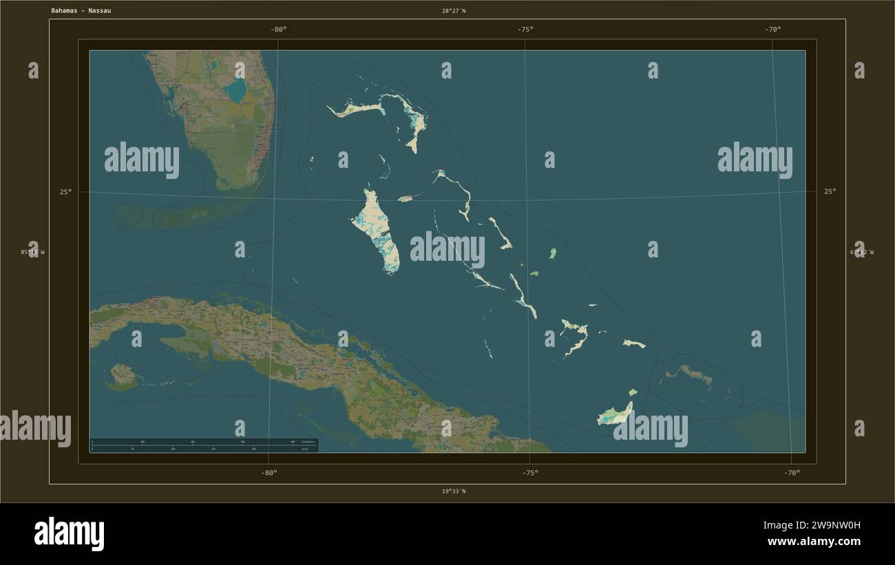 Bahamas highlighted on a topographic, OSM Humanitarian style map map ...