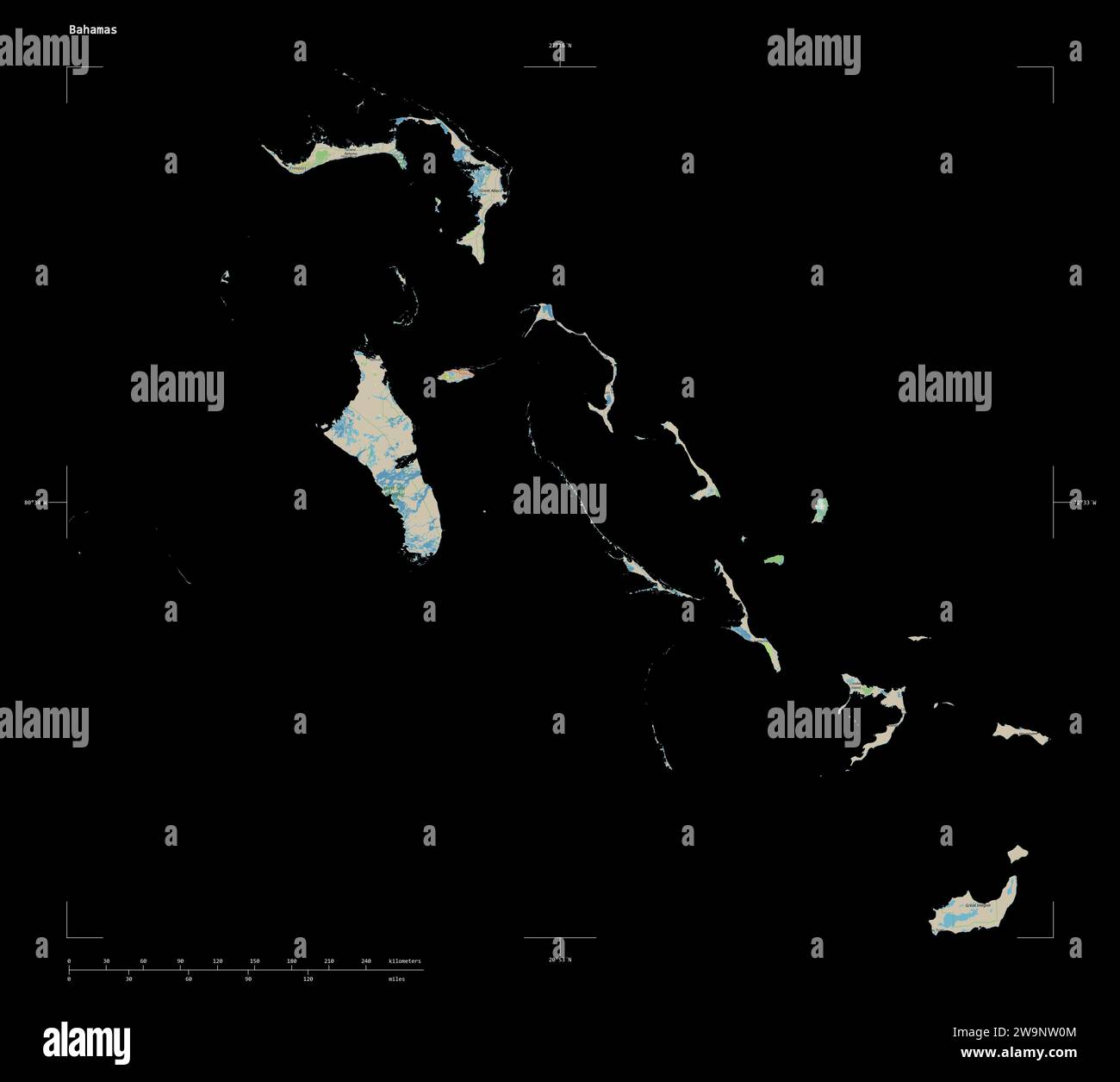 Shape of a topographic, OSM standard style map of the Bahamas, with ...