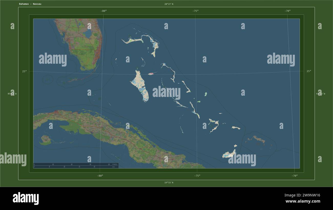 Bahamas highlighted on a topographic, OSM Germany style map map with the country's capital point ...