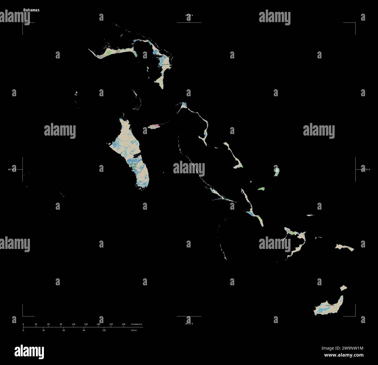 Shape of a topographic, OSM Germany style map of the Bahamas, with distance scale and map border ...