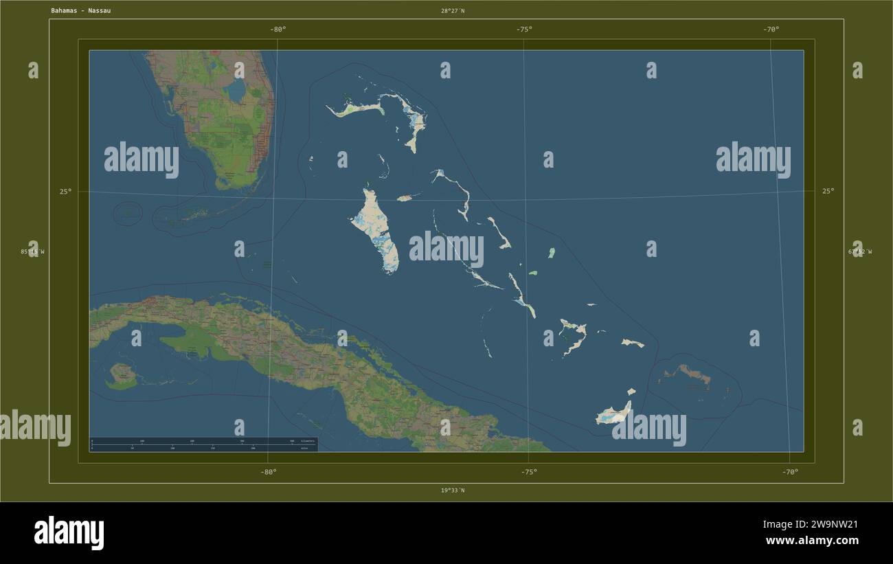 Bahamas highlighted on a topographic, OSM standard style map map with ...