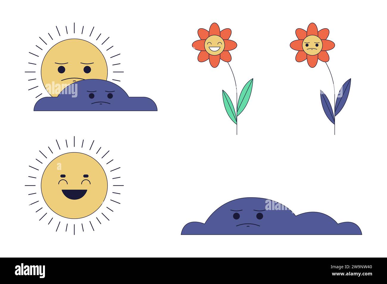 Weather seasons changing 2D linear cartoon characters set Stock Vector ...