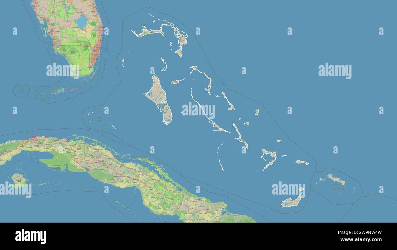 Bahamas outlined on a topographic, OSM Germany style map Stock Photo - Alamy