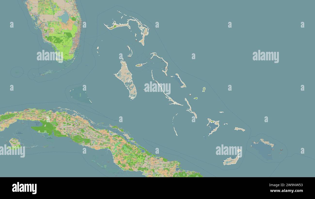 Bahamas outlined on a topographic, OSM France style map Stock Photo - Alamy