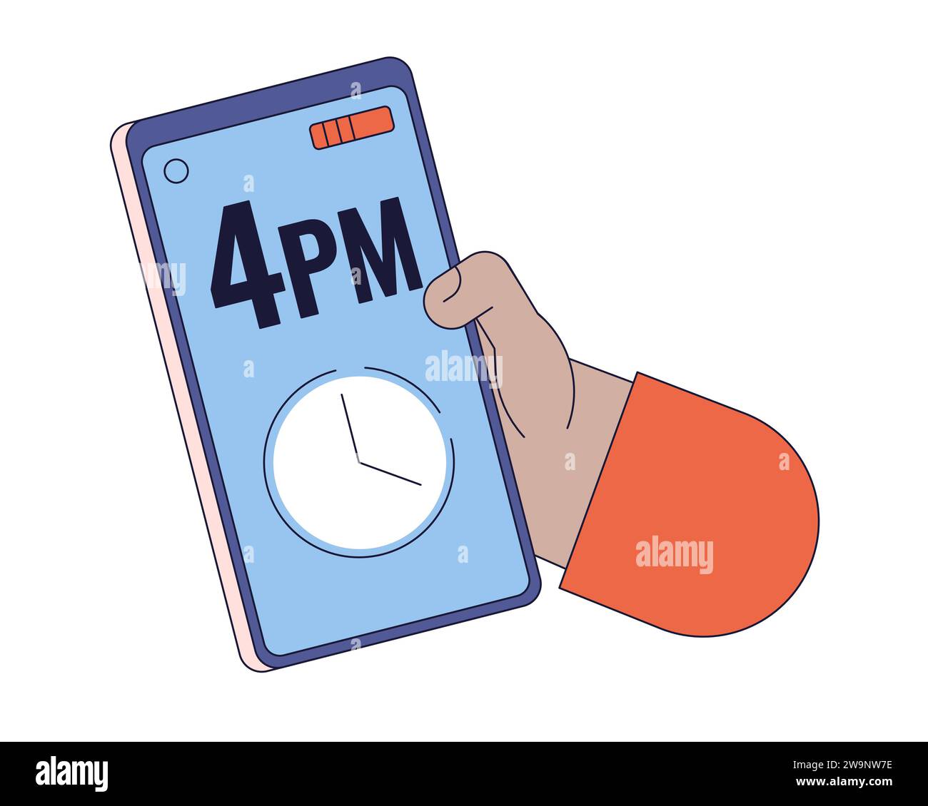 Checking time on smartphone linear cartoon character hand illustration ...