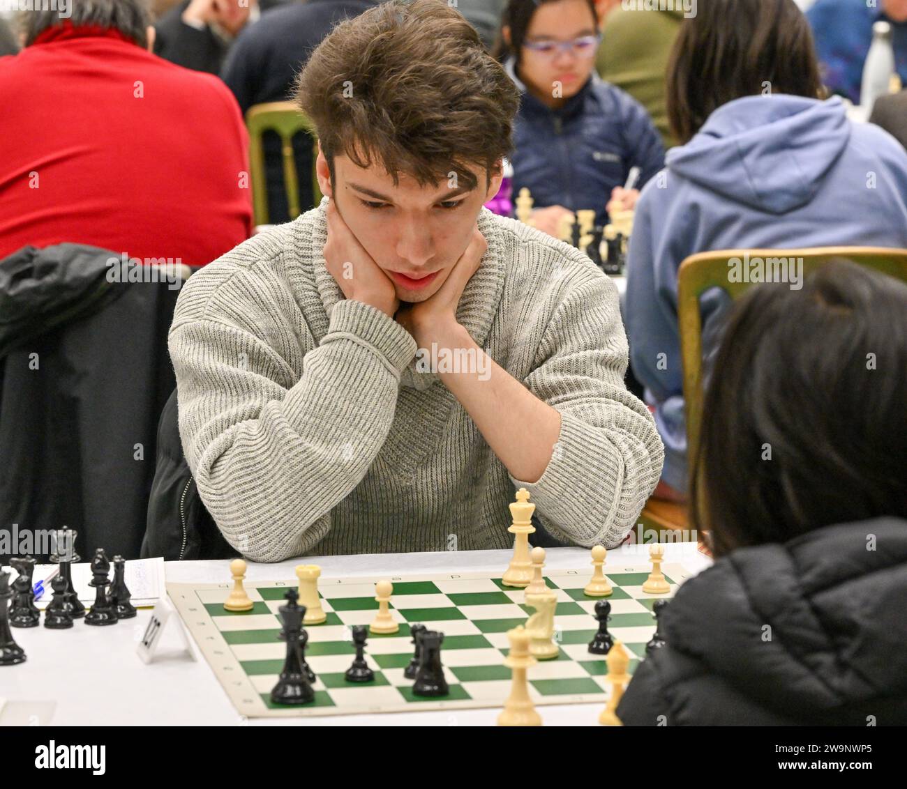 Hastings, UK. 29th Dec, 2023. Plotnikov, Dmytro (L) plays Chen, Yechu (R) during the Caplin ...