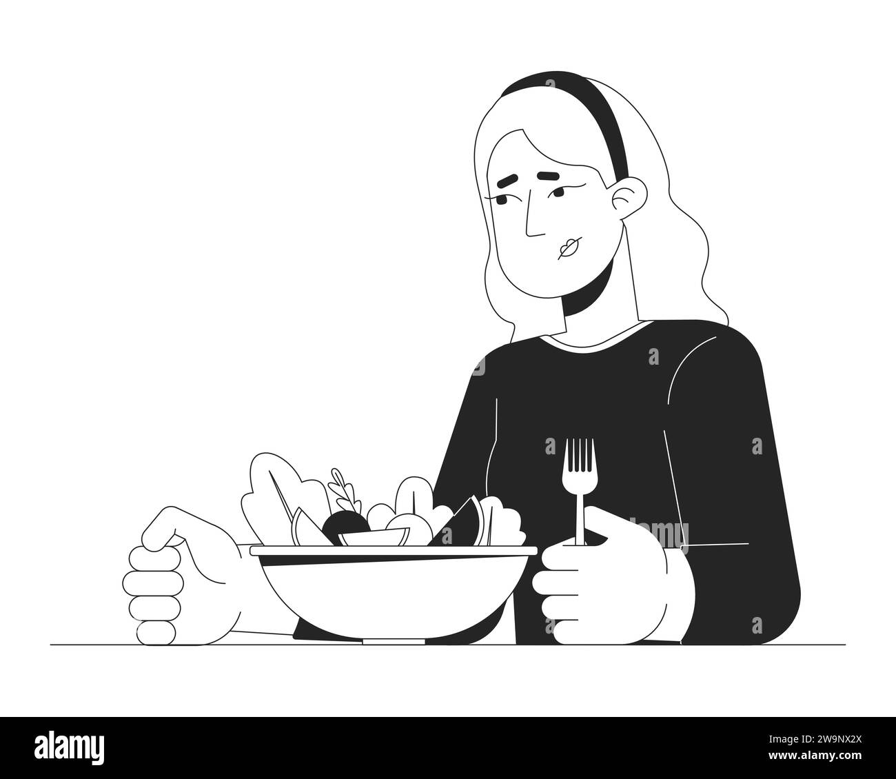Caucasian woman decreased appetite black and white 2D line cartoon ...