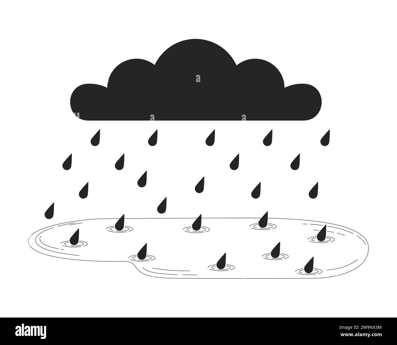 Rainy cloud falling raindrops black and white 2D line cartoon object ...