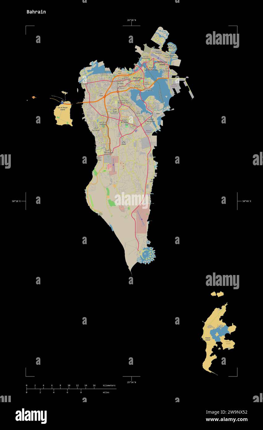 Shape of a topographic, OSM Germany style map of the Bahrain, with ...